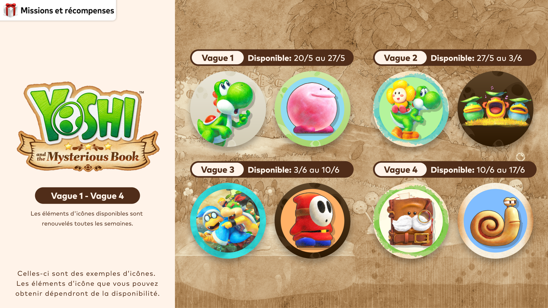 Les icônes inspirées du jeu Yoshi and the Mysterious Book sont là pour ...